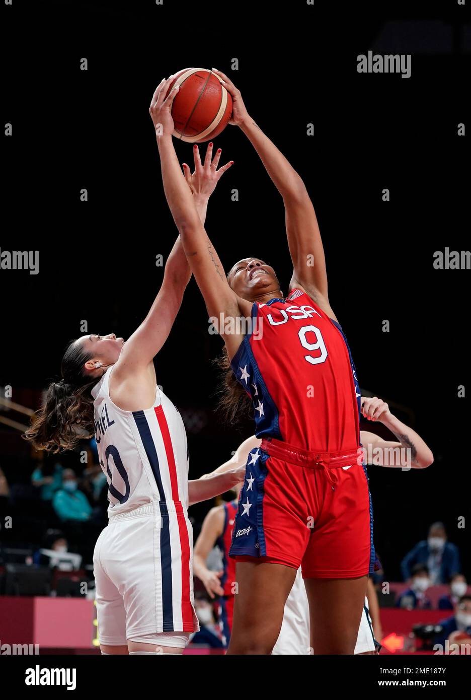 France's Sarah Michel (10), left, and United States' A'Ja Wilson (9 ...