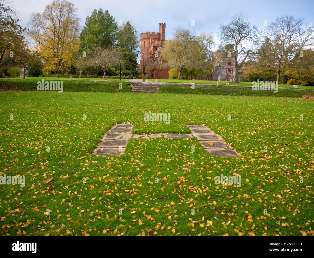 Helicopter landing mark in the lawn at Ruthin Castle Ruthin North Wales ...