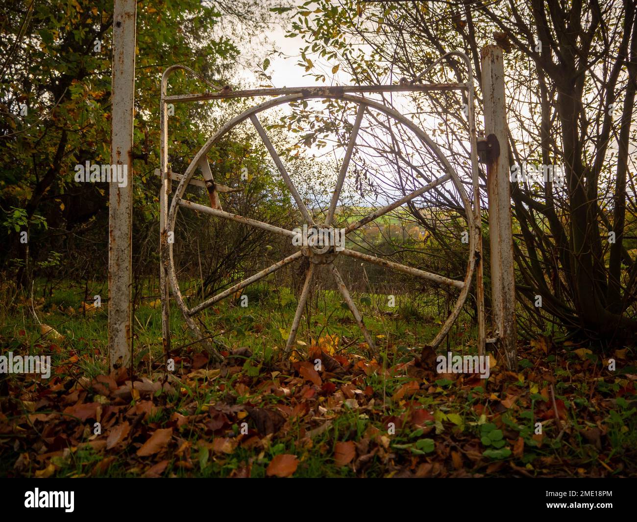 White wheel styled disused gate at Ruthin Castle Ruthin North Wales ...