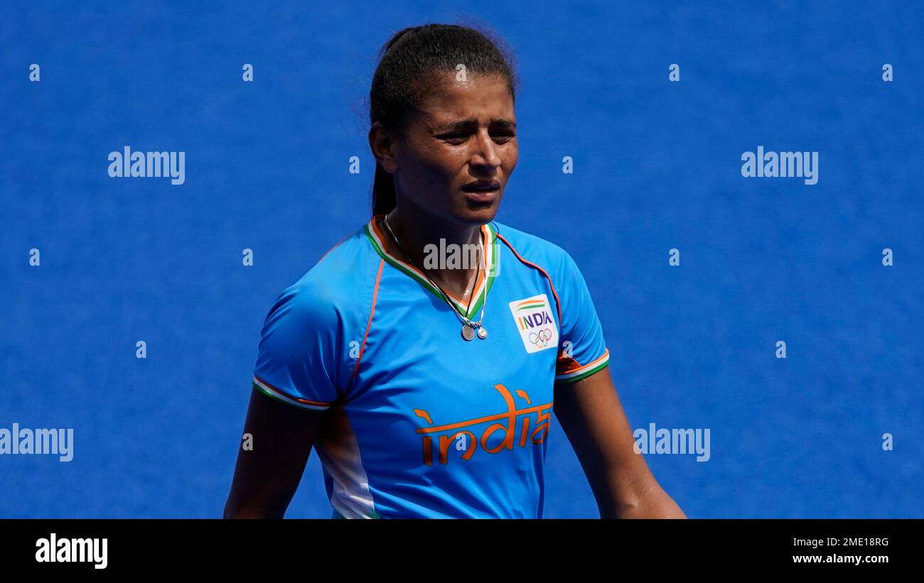 India's Sharmila Devi walks the pitch during a women's field hockey ...