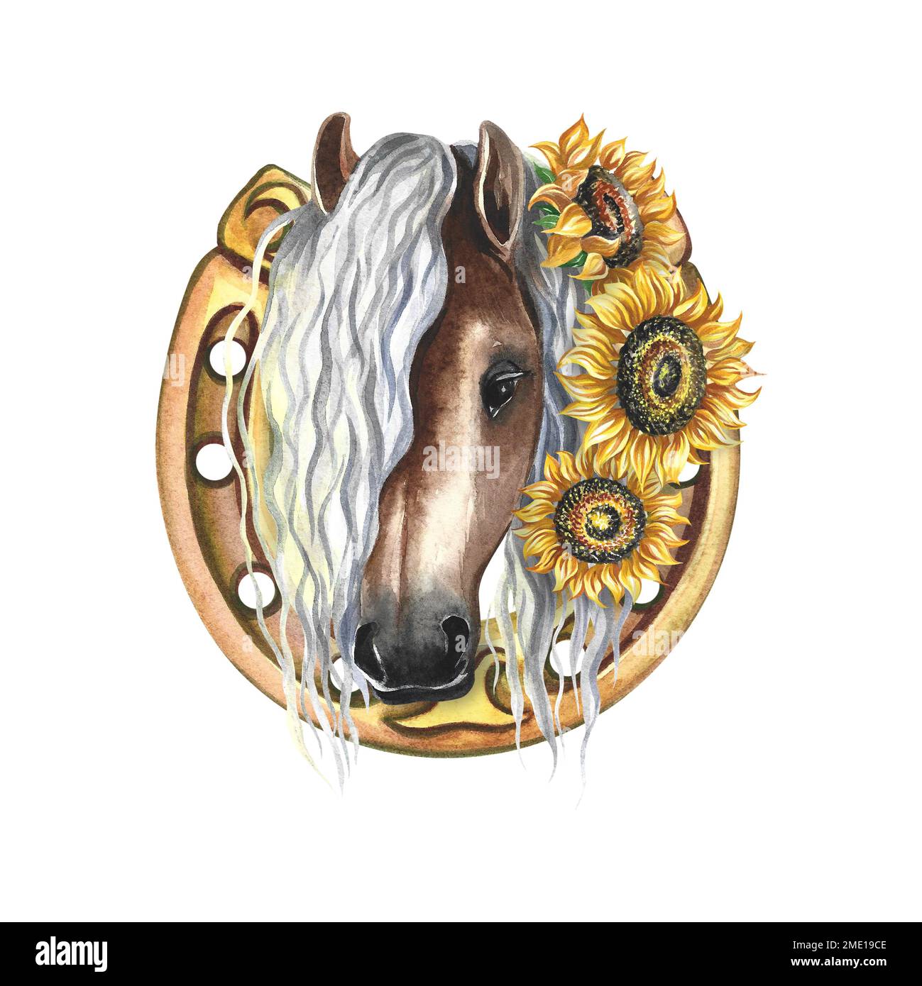 Horse portrait on the background of a horseshoe decorated with ...