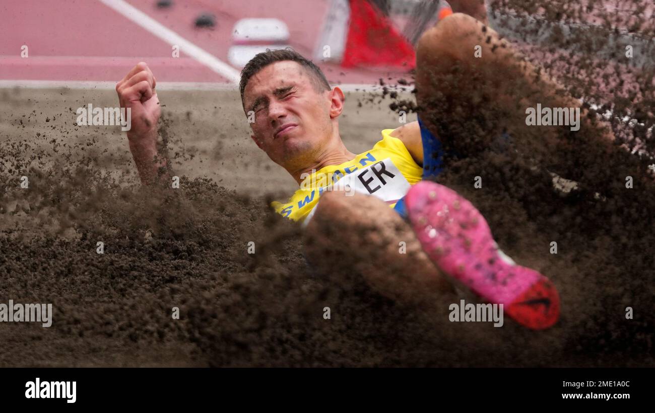 Thobias Montler, of Sweden, competes in men's long jump final at the ...