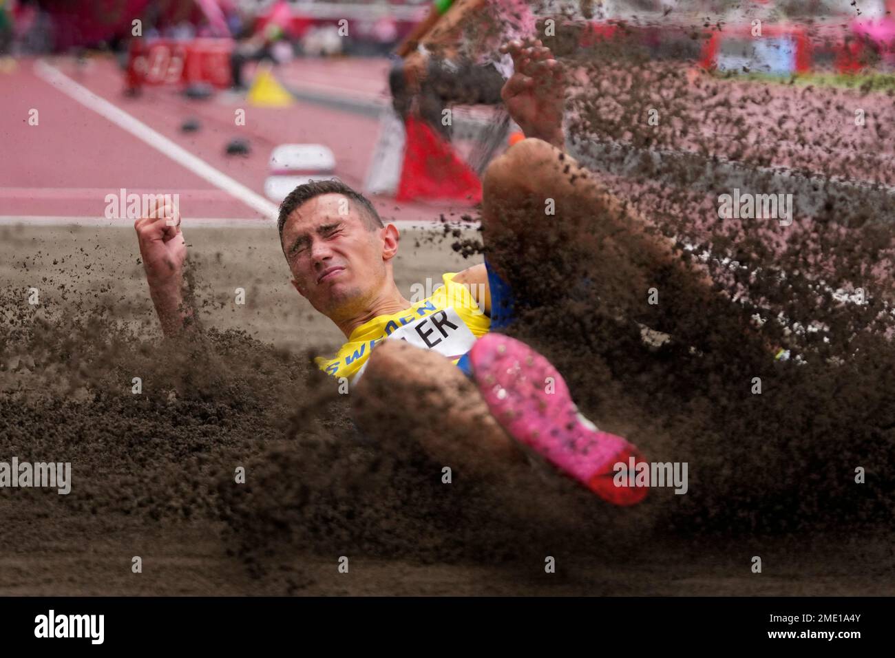 Thobias Montler, of Sweden, competes in men's long jump final at the ...