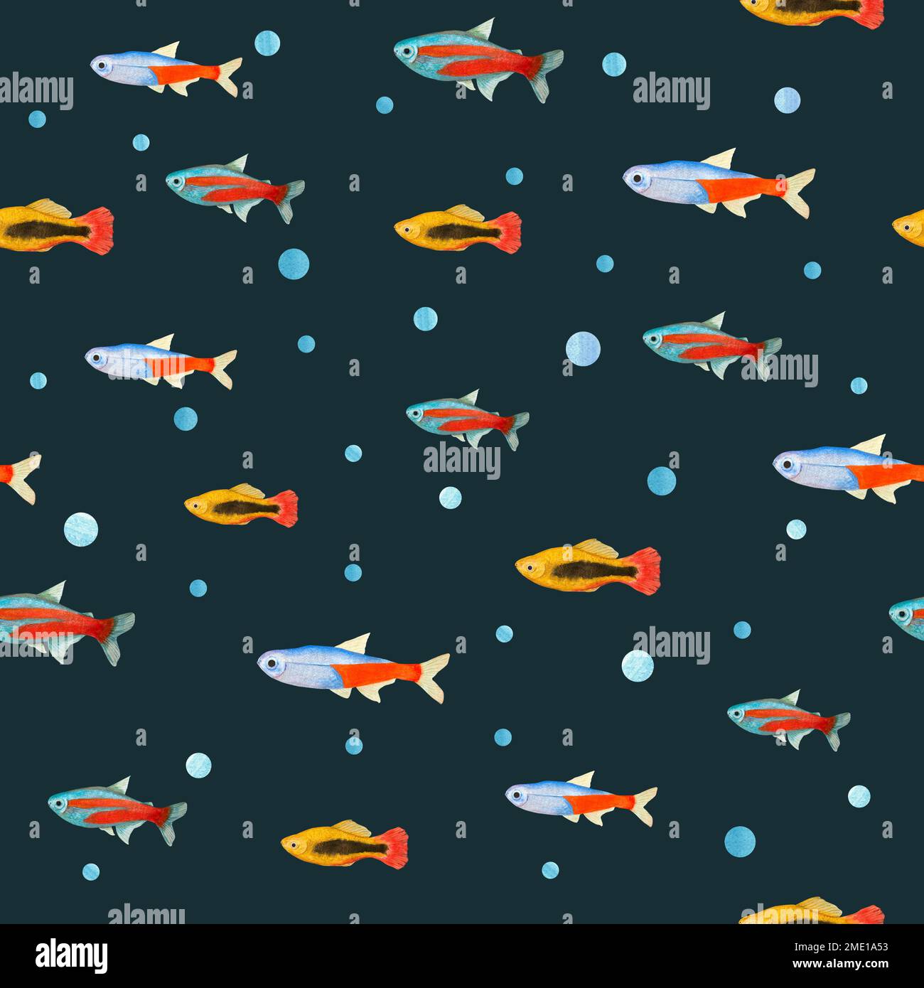 Watercolor underwater seamless pattern of neon tetra fishes on dark ...