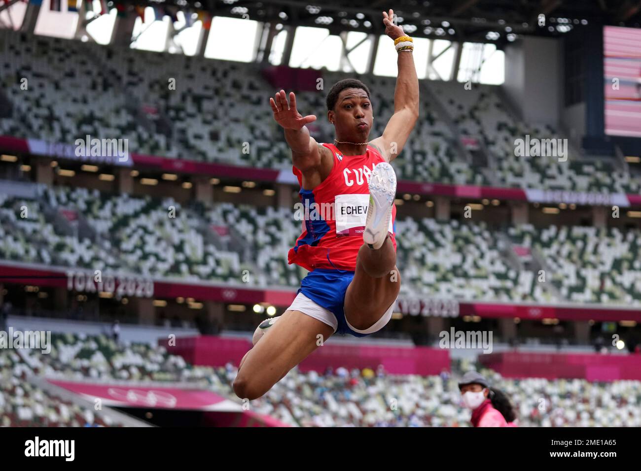 Juan Miguel Echevarria, of Cuba, competes in men's long jump final at ...