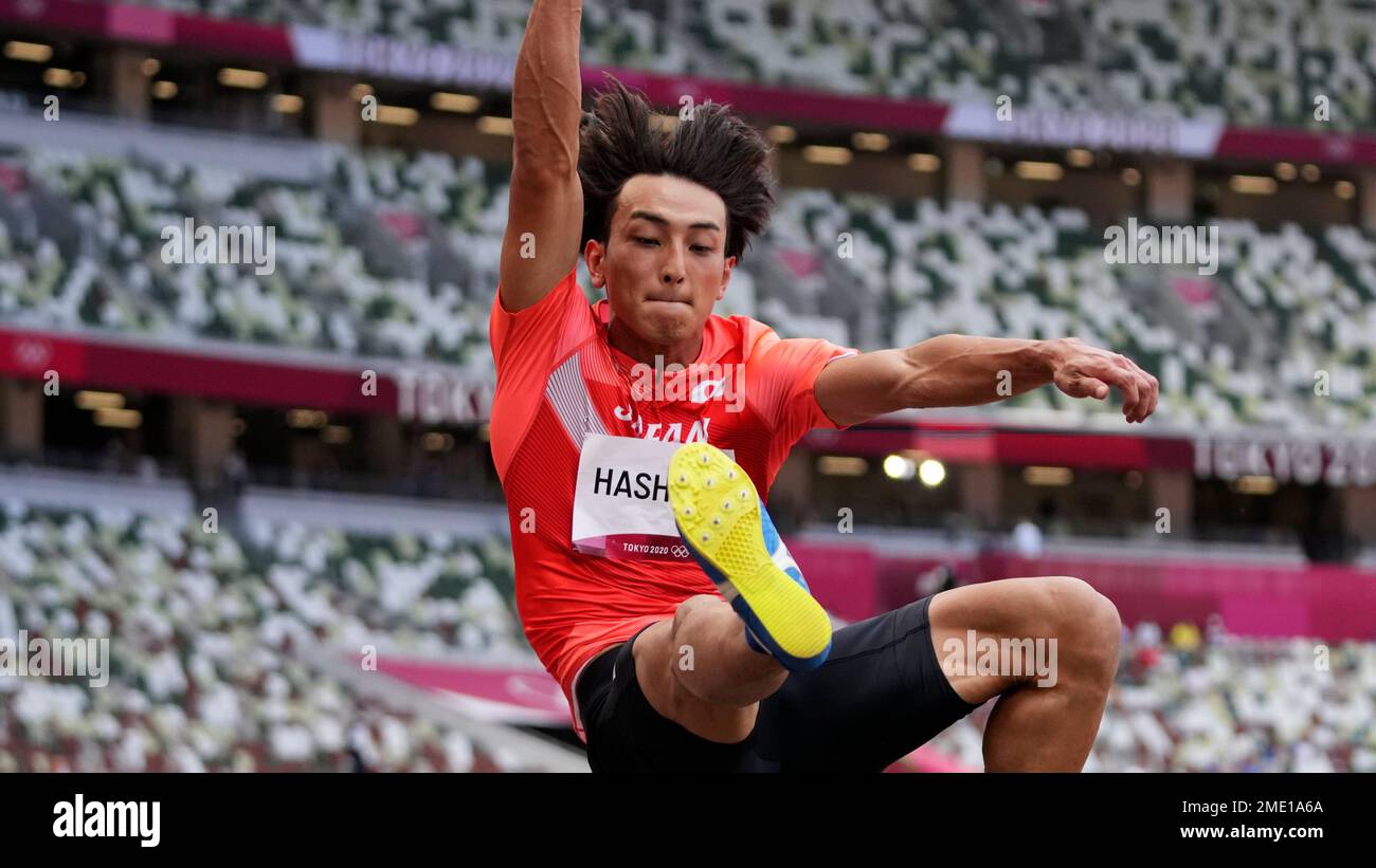 Yuki Hashioka, of Japan, competes in men's long jump final at the 2020 ...