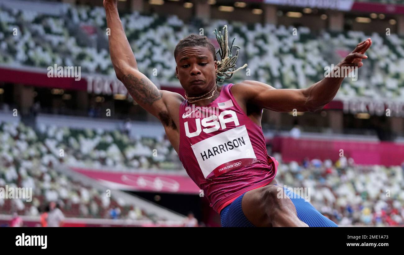 Juvaughn Harrison, of United States, competes in men's long jump final ...