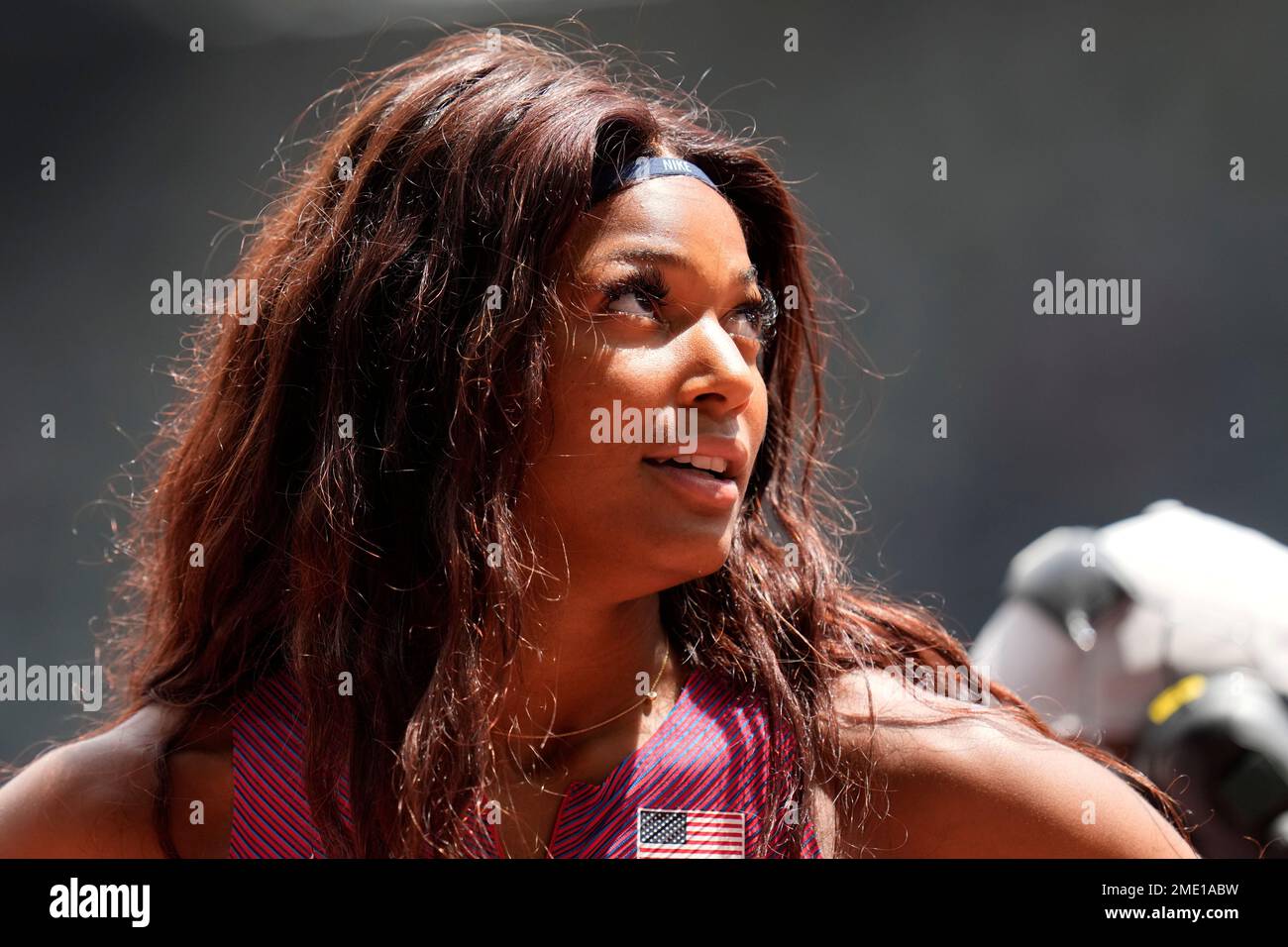 Gabrielle Thomas, of United States, reacts after her heat of the women ...