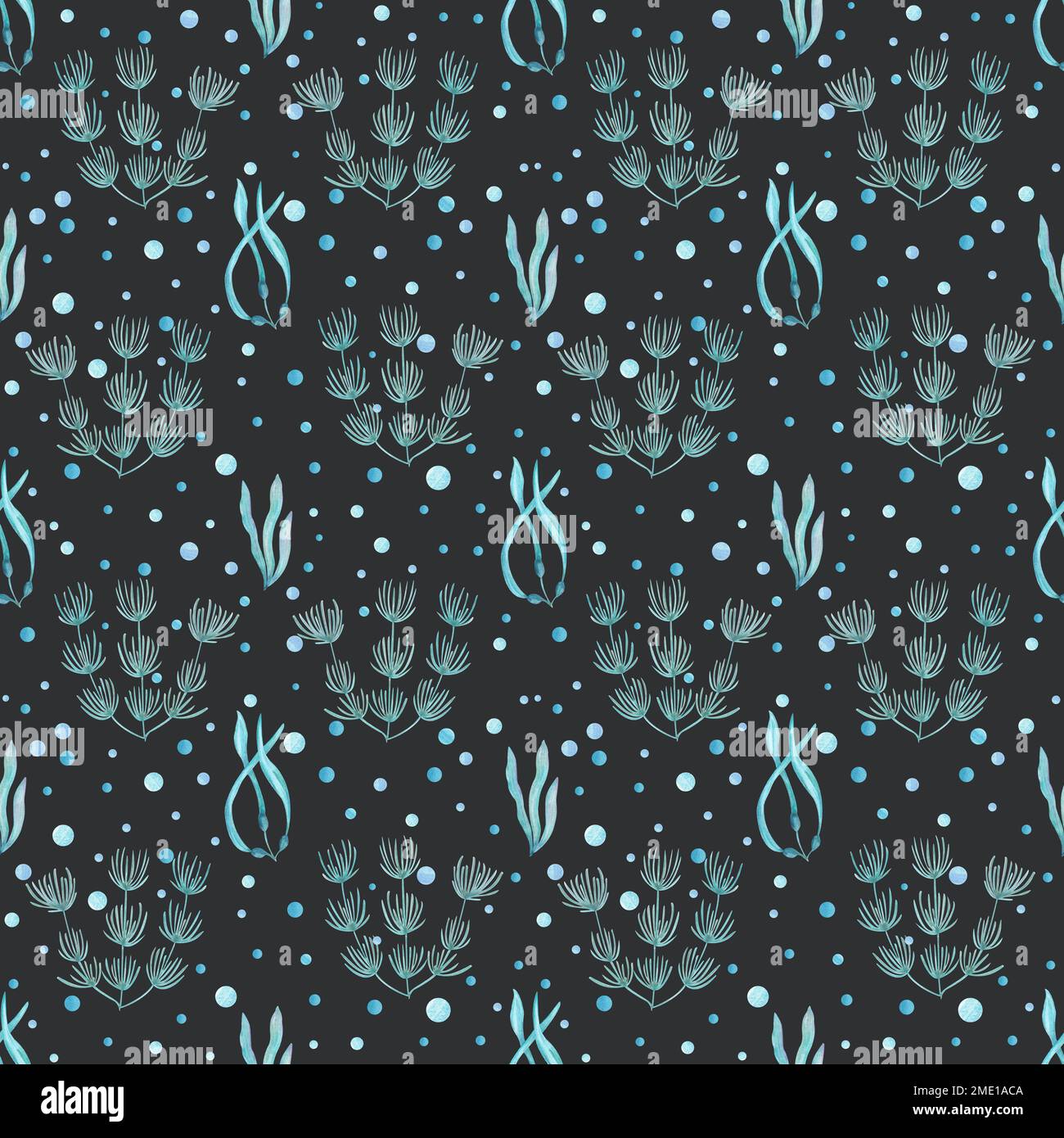Watercolor underwater seamless pattern of seaweeds on dark background ...