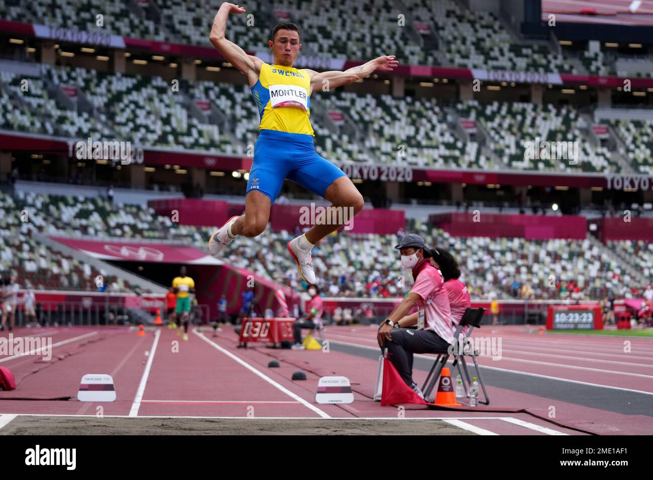Thobias Montler, of Sweden, competes in men's long jump final at the ...