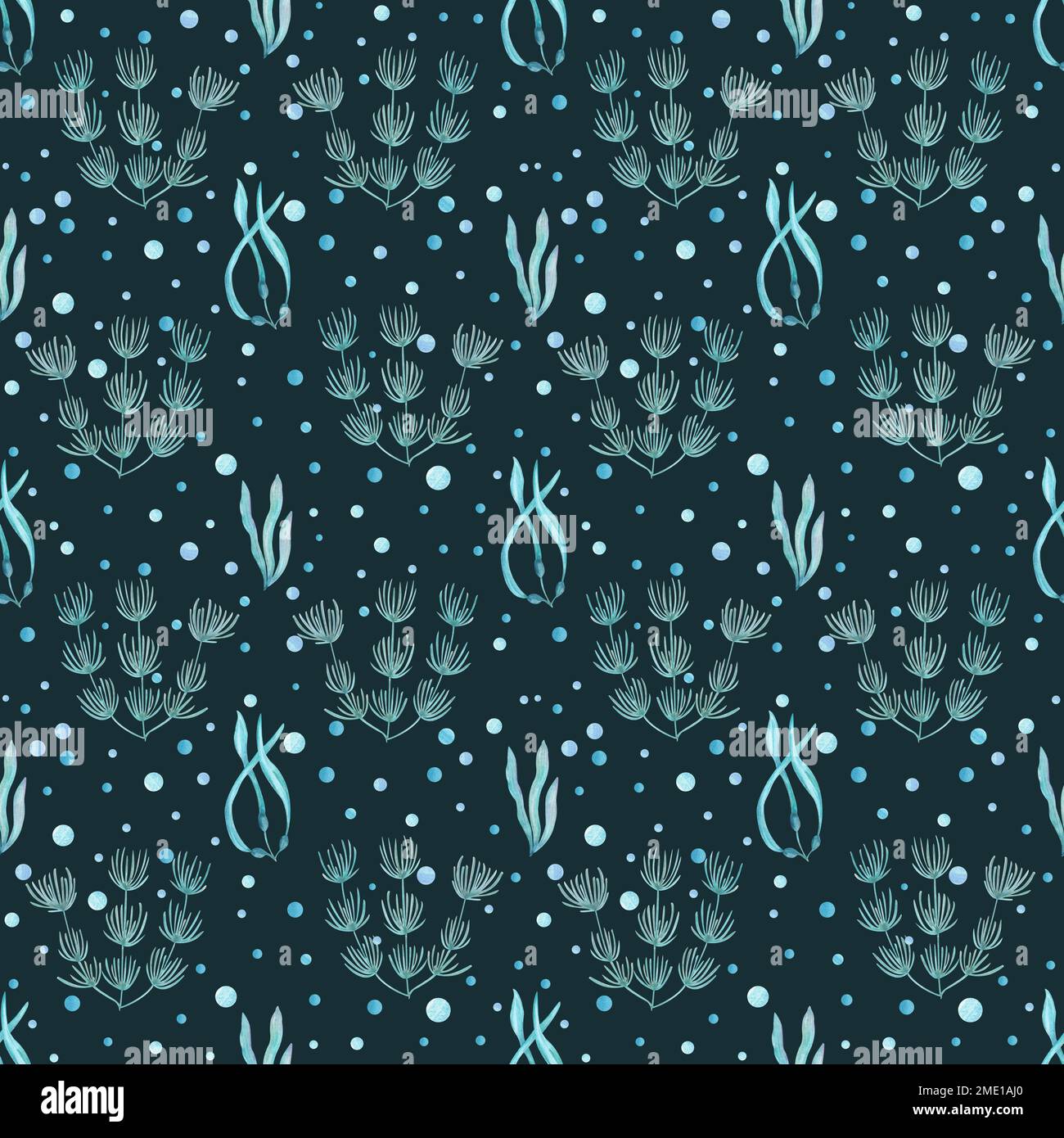 Watercolor underwater seamless pattern of seaweeds on dark background ...