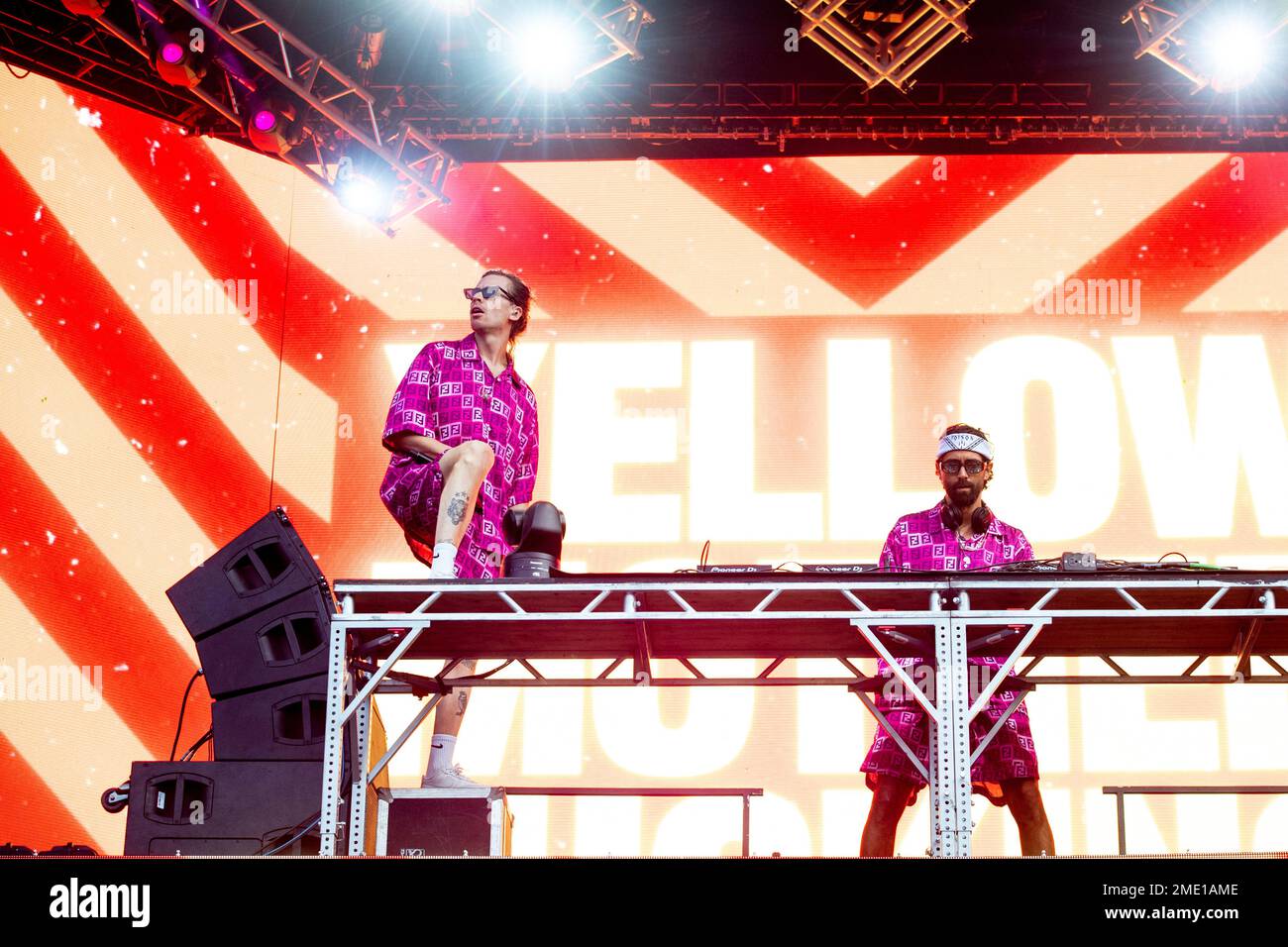 Nils Rondhuis, left, and Jim Taihuttu, of Yellow Claw, perform on day ...