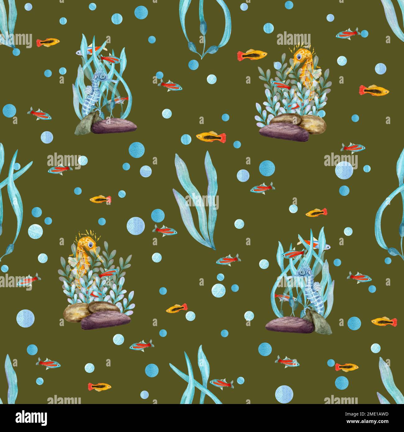 Watercolor underwater seamless pattern of seahorses, neon tetra fishes ...