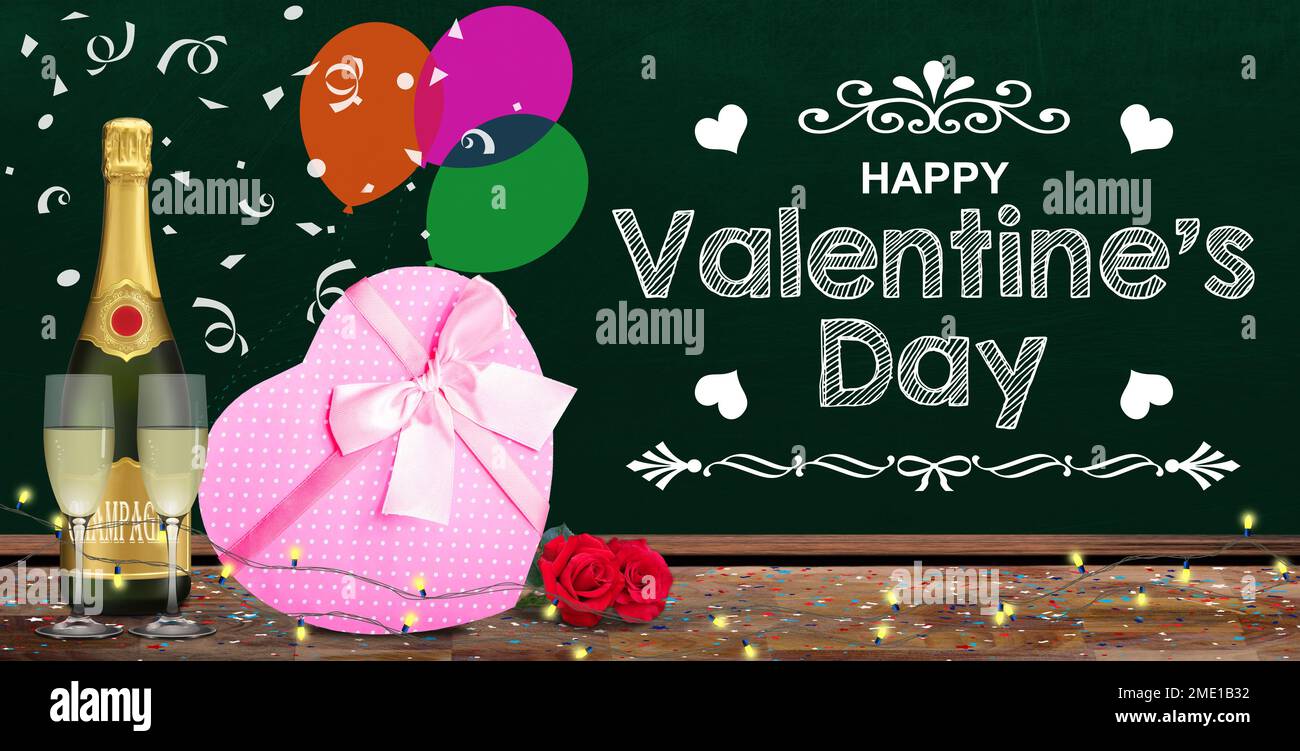 Happy Valentine's Day banner with chalkboard message surrounded by pink ...