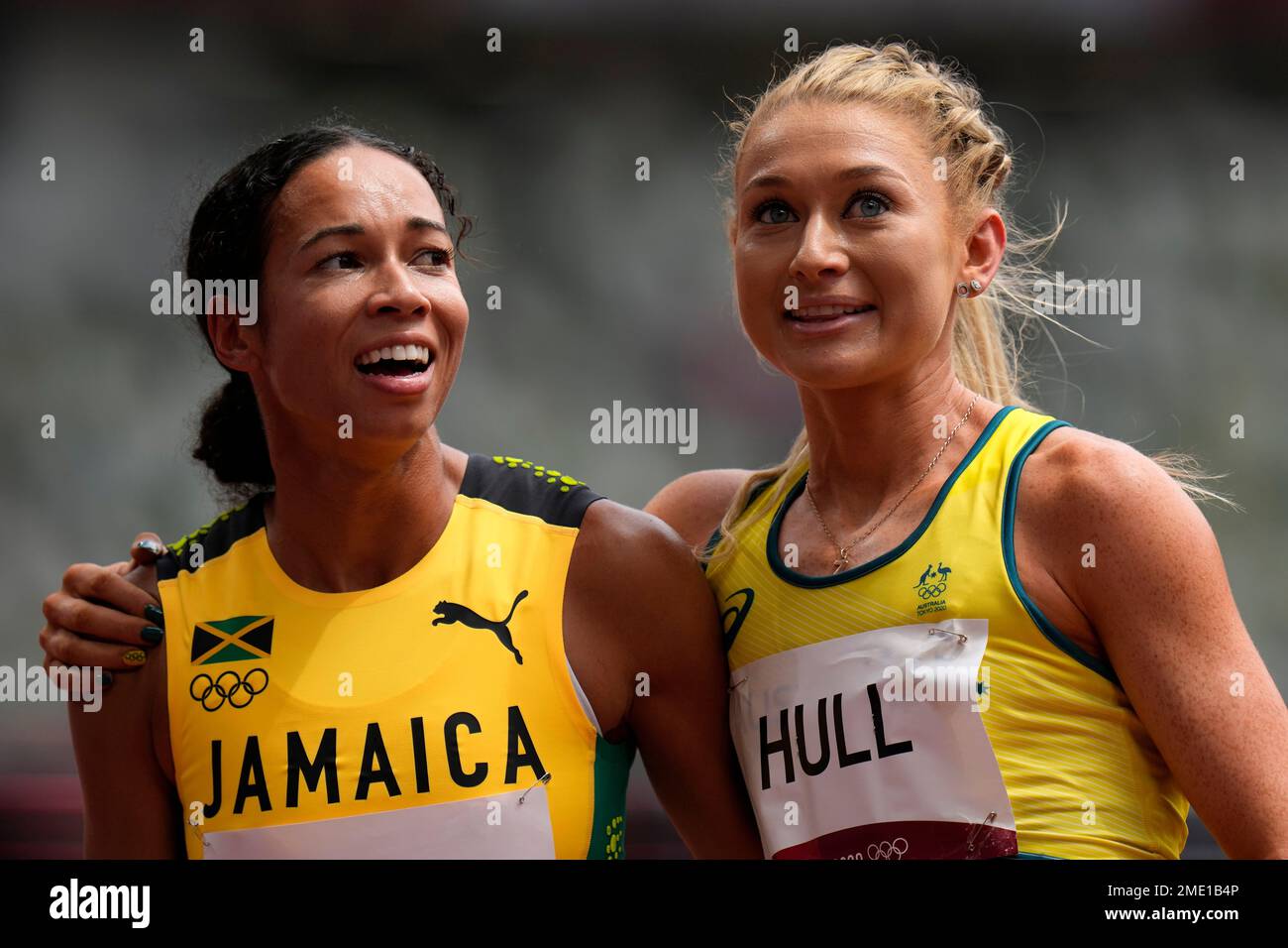 Jessica Hull, right, of Australia, and Aisha Praught-Leer, of Jamaica ...