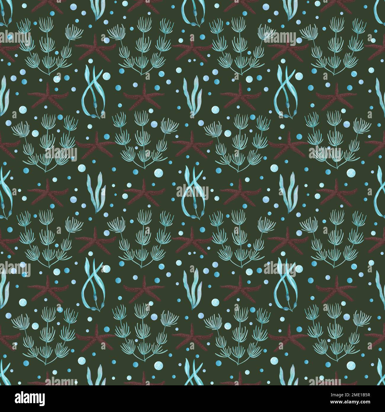 Watercolor underwater seamless pattern of seaweeds, seafishes on dark ...