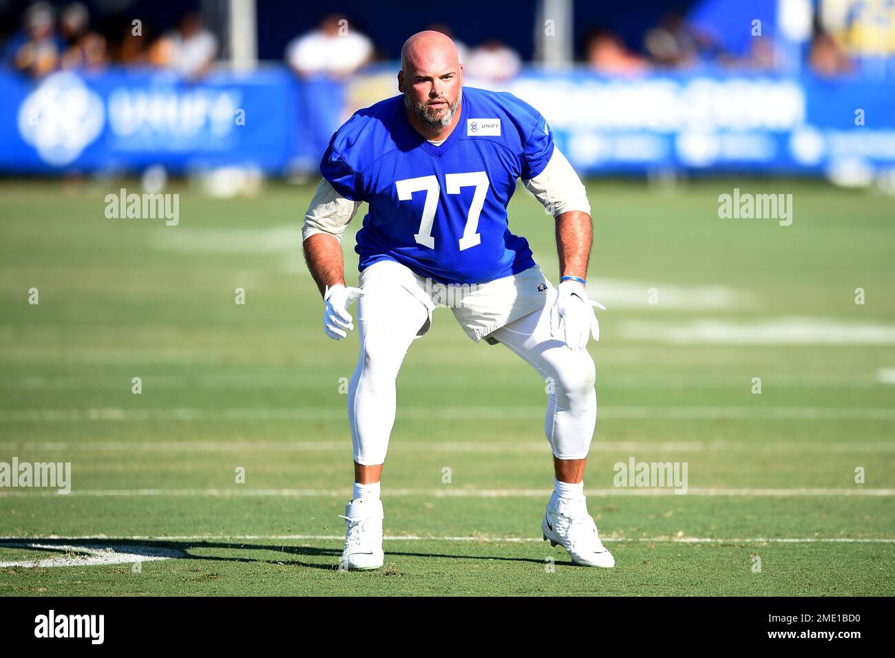 Los Angeles Rams offensive lineman Andrew Whitworth works ut during an ...