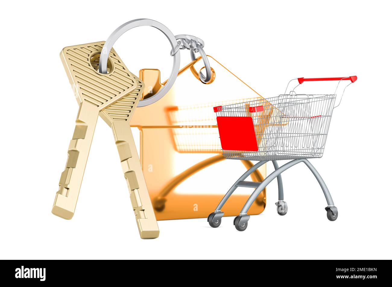 Home key with keychain with shopping cart, 3D rendering isolated on ...