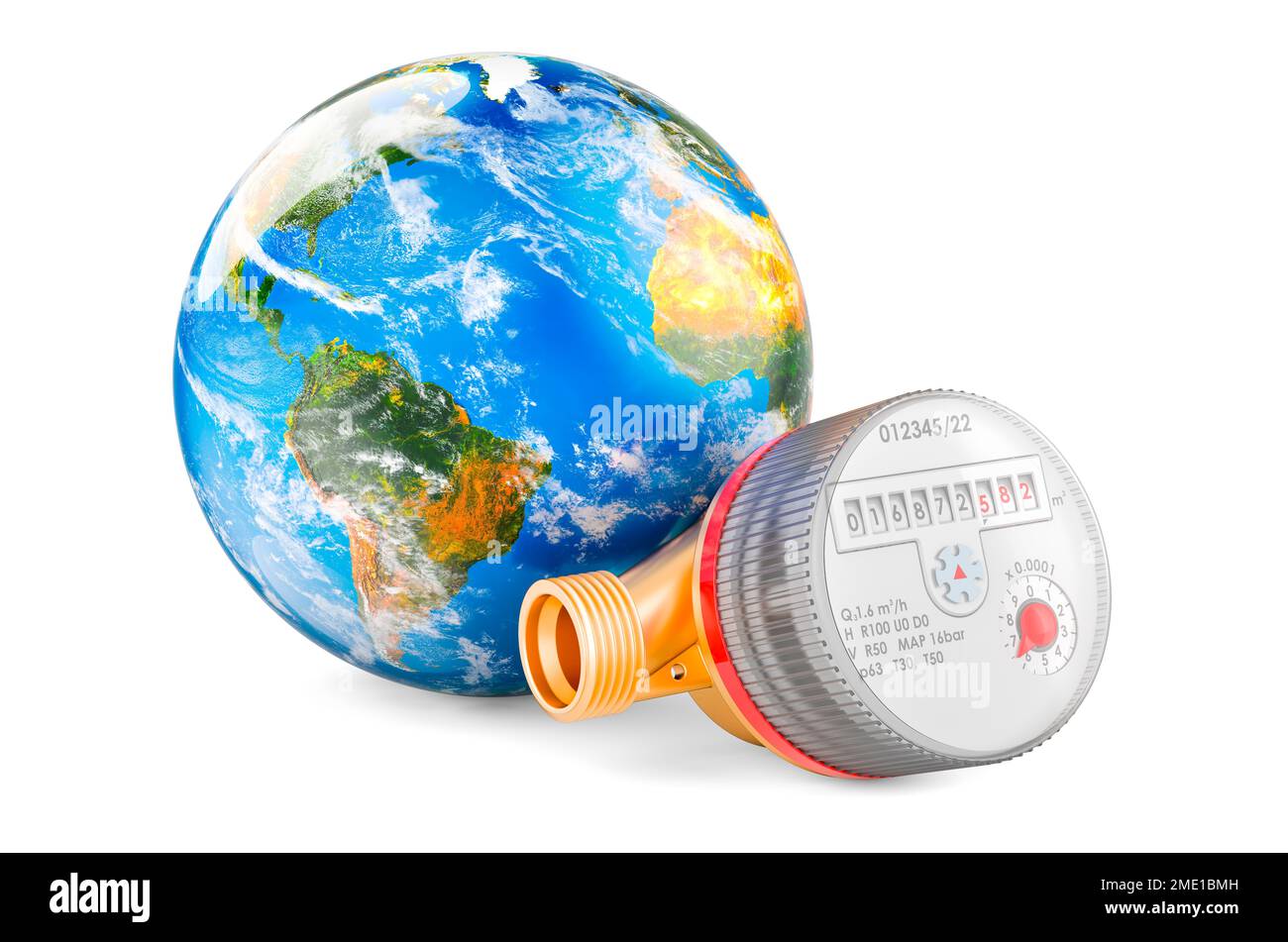 Water meter with Earth Globe, 3D rendering isolated on white background ...