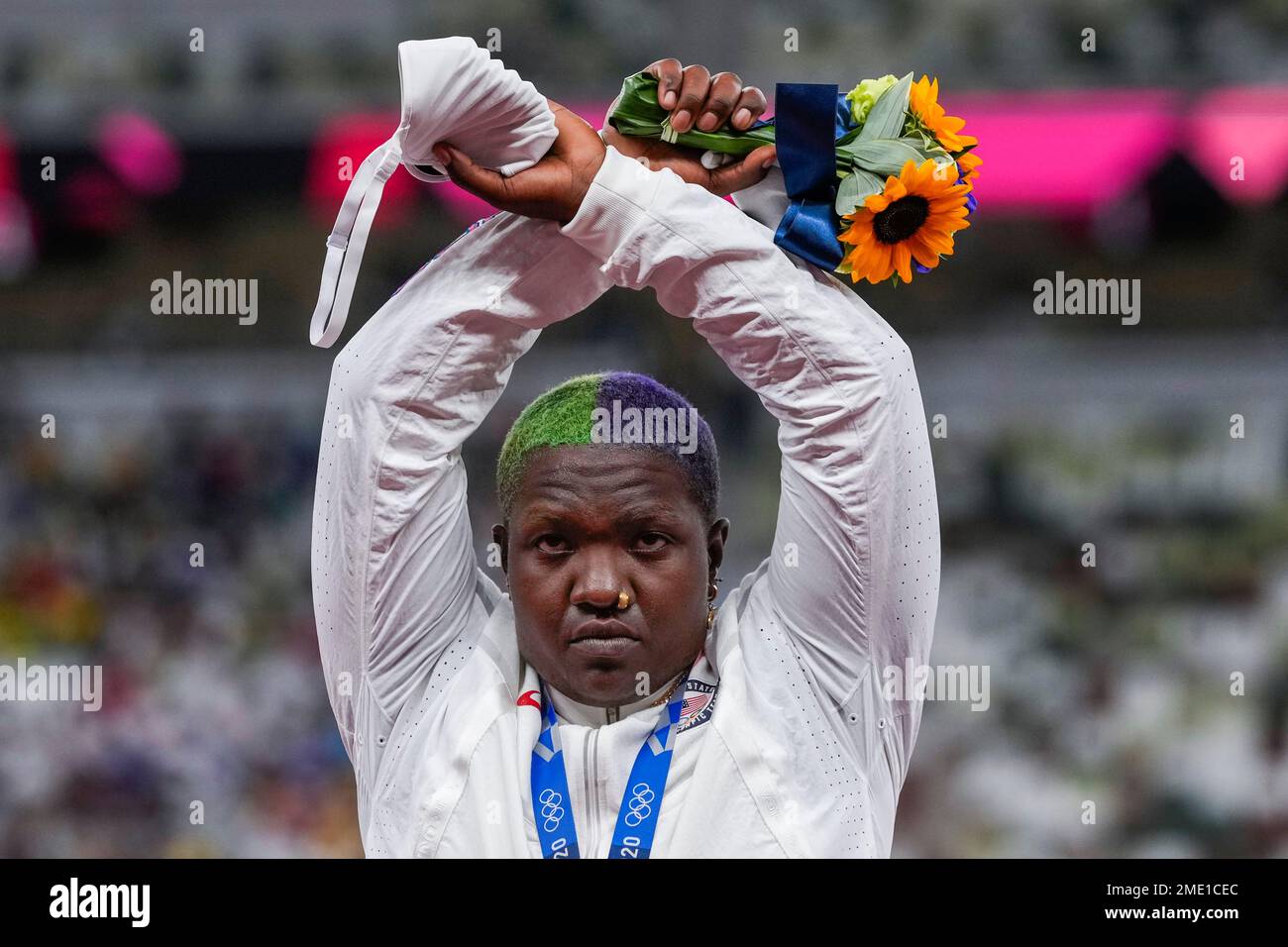 Raven Saunders, of the United States, poses with her silver medal on ...