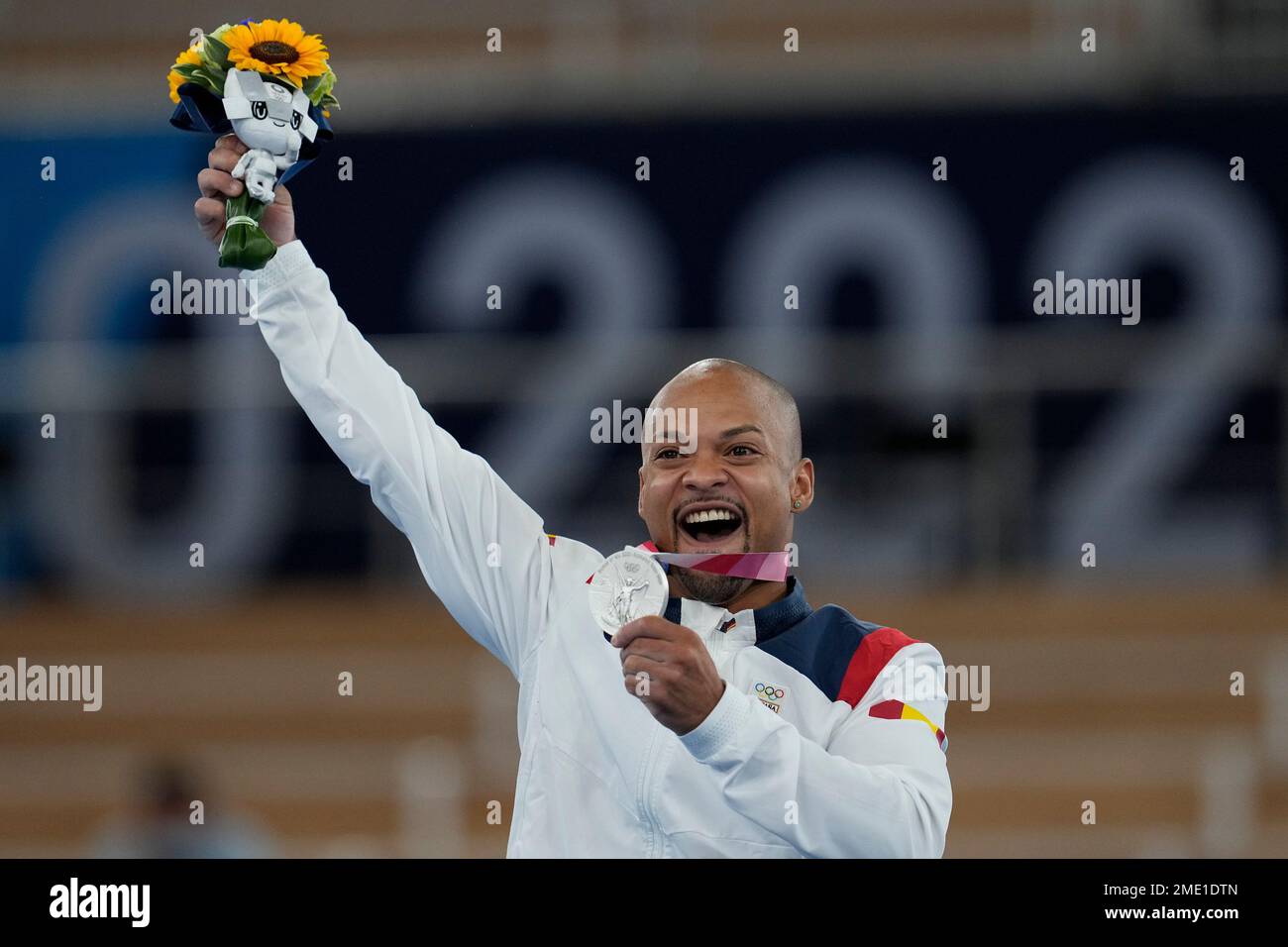 Rayderley Zapata of Spain, poses after winning the silver medal on the ...