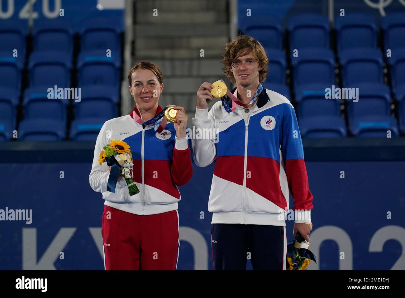Anastasia Pavlyuchenkova and Andrey Rublev, of the Russian Olympic ...