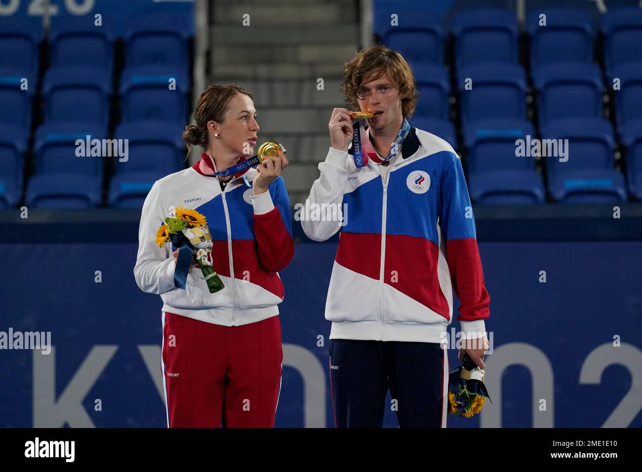 Anastasia Pavlyuchenkova and Andrey Rublev, of the Russian Olympic ...