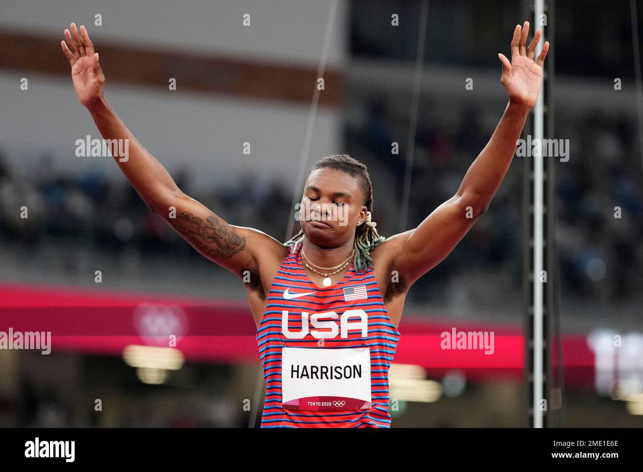 Juvaughn Harrison, of United States, reacts in the final of the men's ...