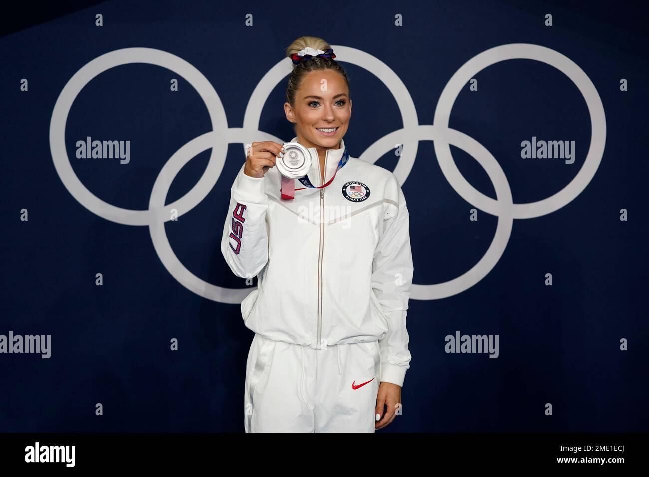 Mykayla Skinner, of United States, poses for a photo with her silver ...