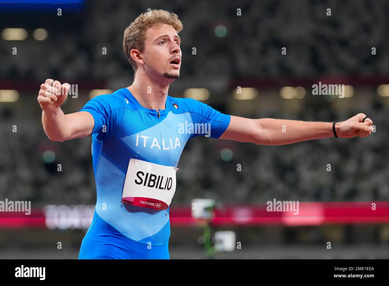 Alessandro Sibilio, of Italy, reacts after a men's 400-meter hurdles ...