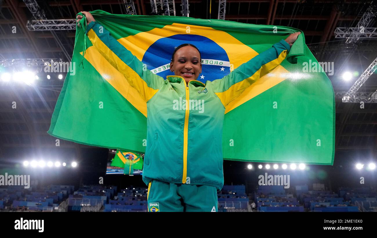 Rebeca Andrade of Brazil, celebrates after winning the gold medal on ...