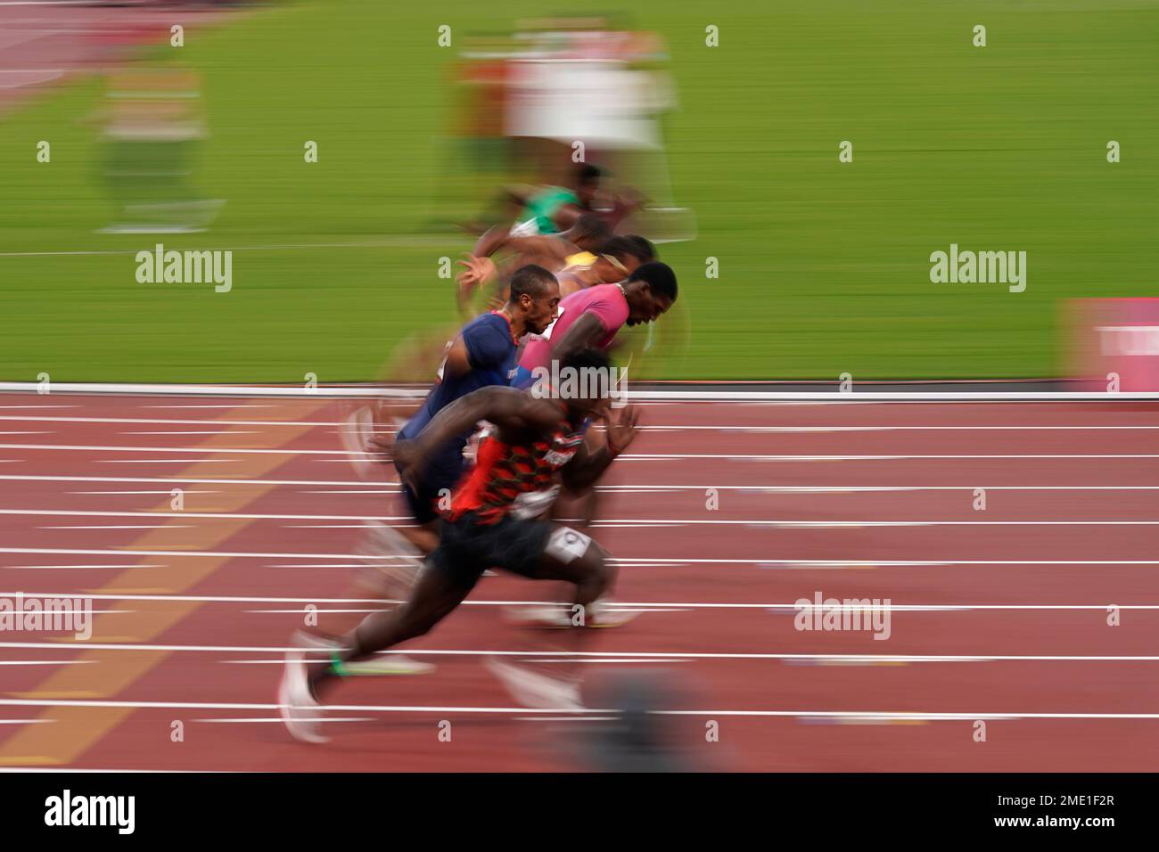 Competitors start in the first semifinal of the men's 100-meters at the ...