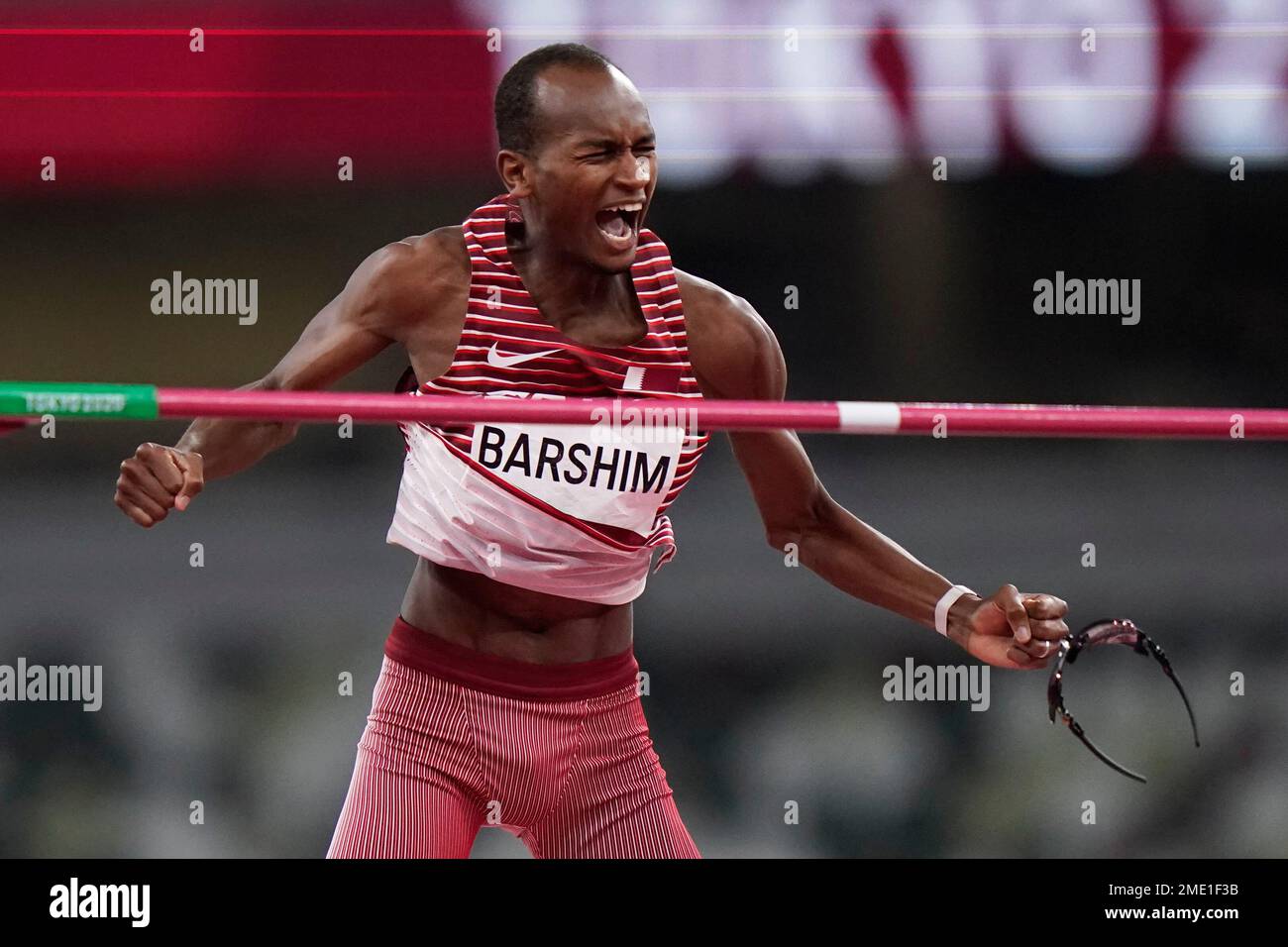 Mutaz Barshim, of Qatar, reacts in the final of the men's high jump at ...