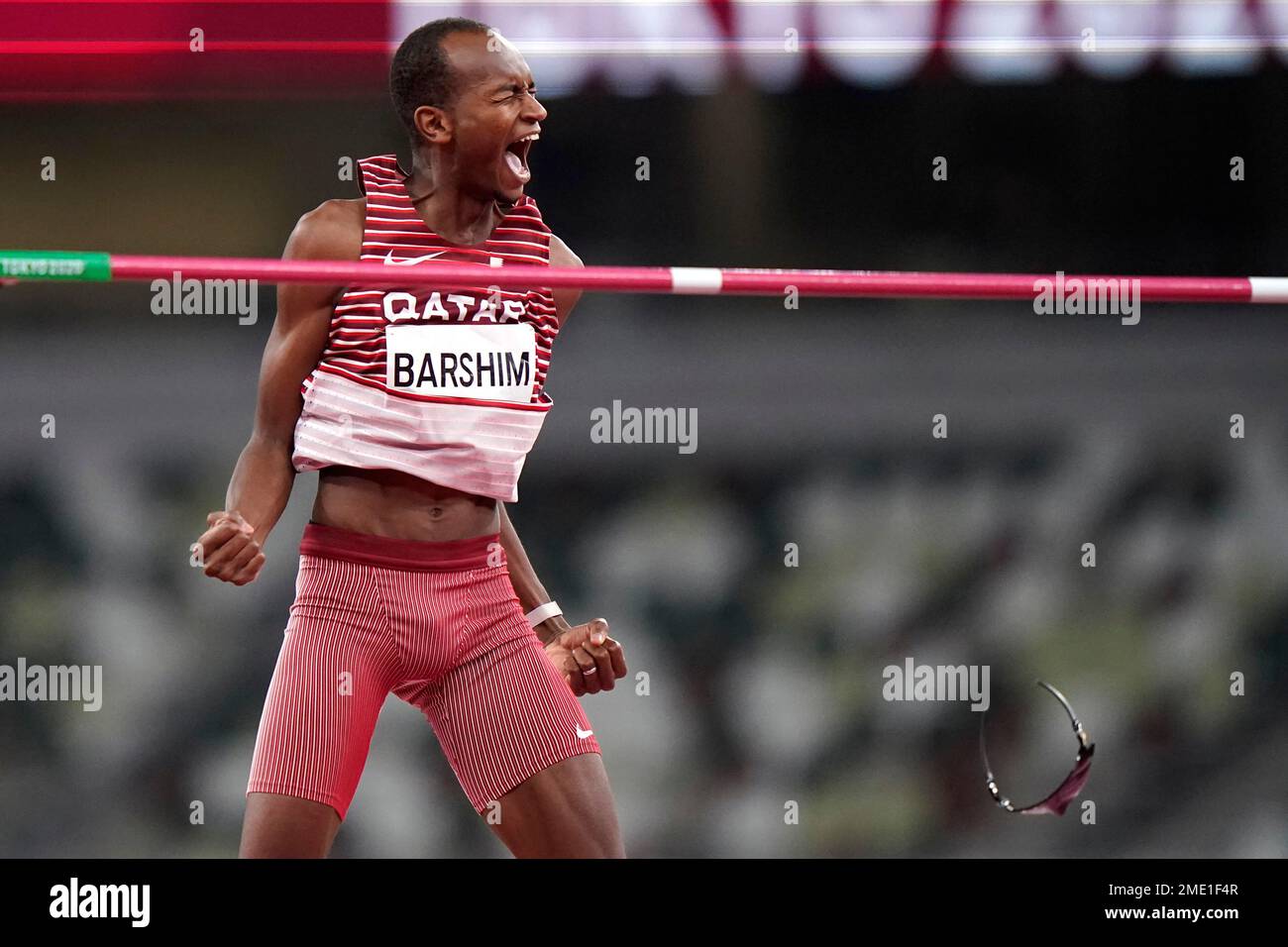 Mutaz Barshim, of Qatar, reacts in the final of the men's high jump at ...
