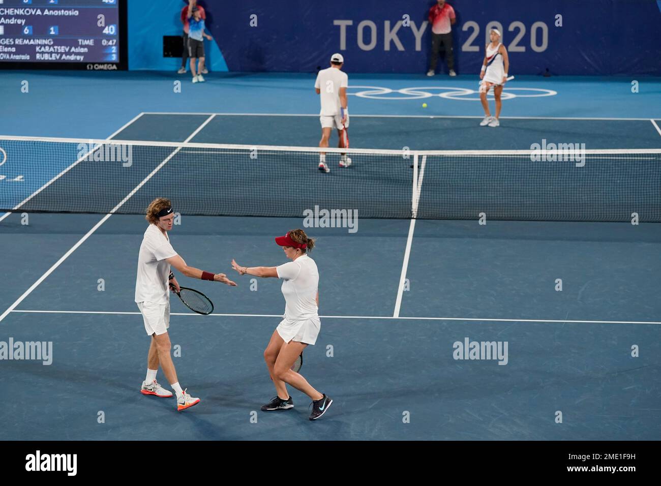Anastasia Pavlyuchenkova and Andrey Rublev, of the Russian Olympic ...