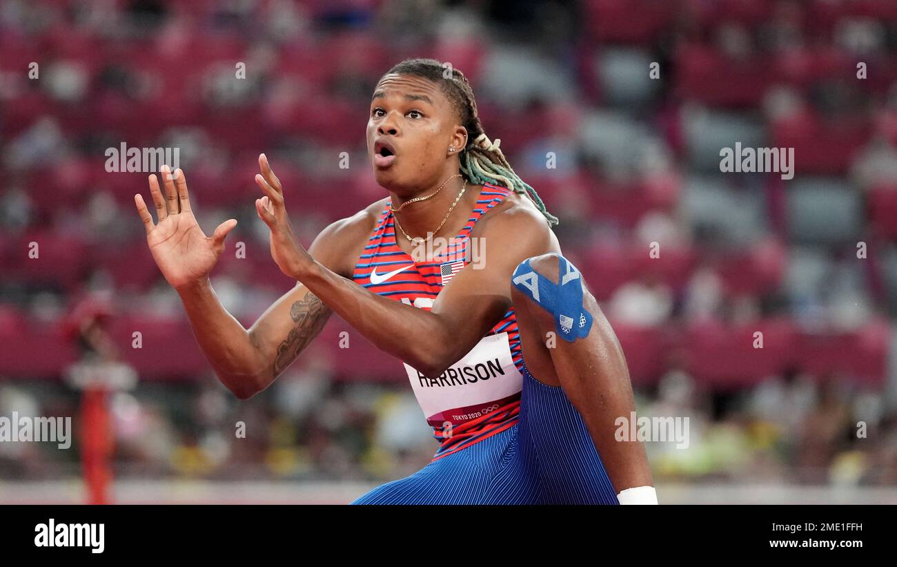 Juvaughn Harrison, of United States, reacts in the final of the men's ...