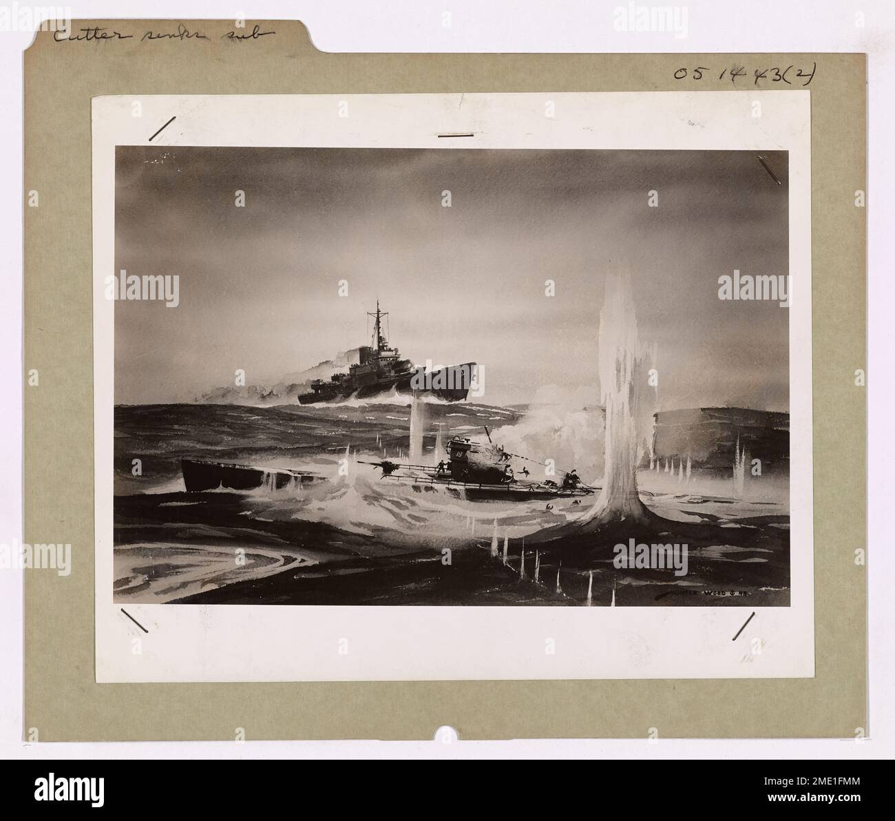 A painting by Hunter Wood shows the Coast Guard Cutter Spencer engaging ...