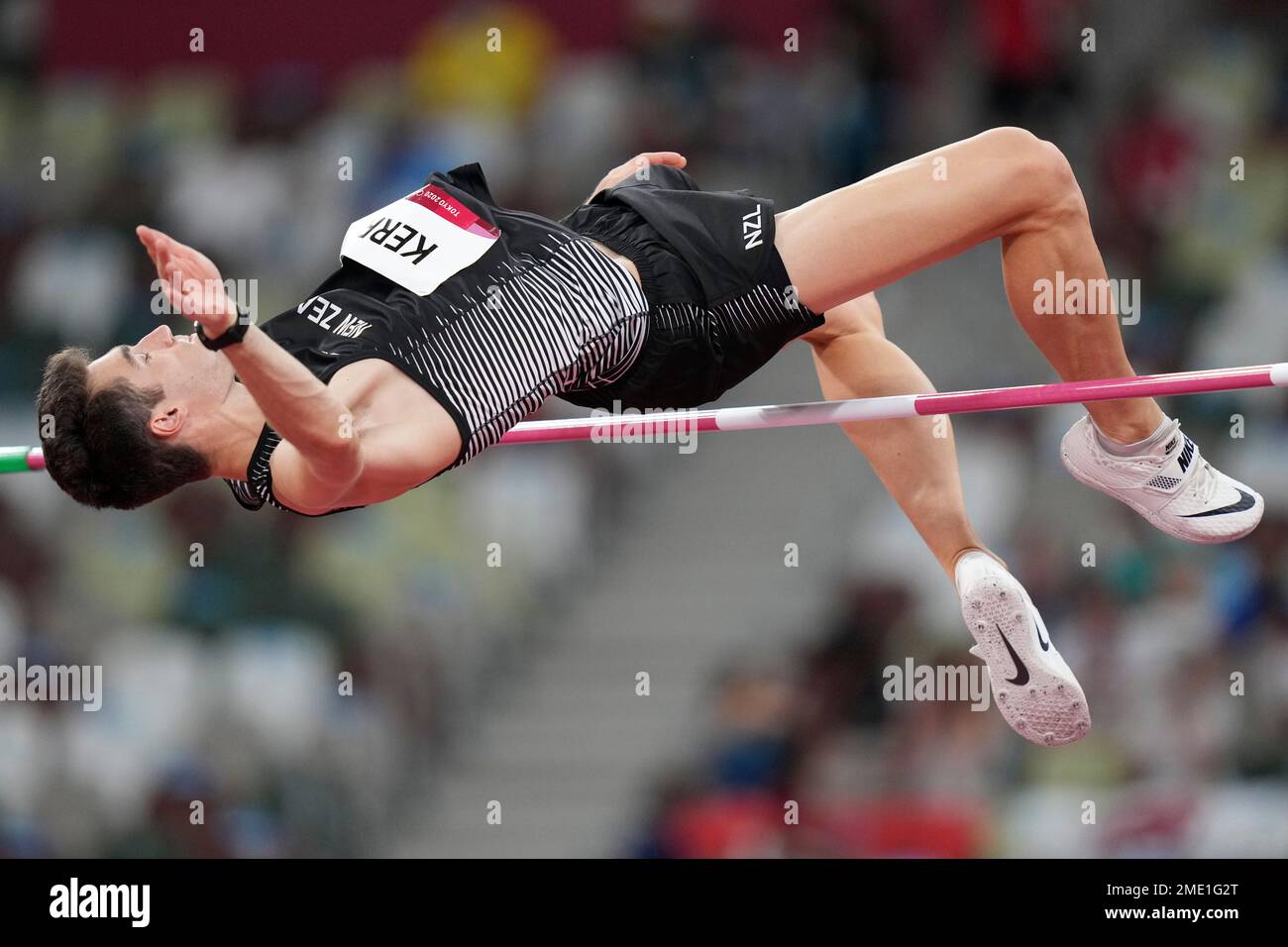 Hamish Kerr, of New Zealand, competes in the final of the men's high ...