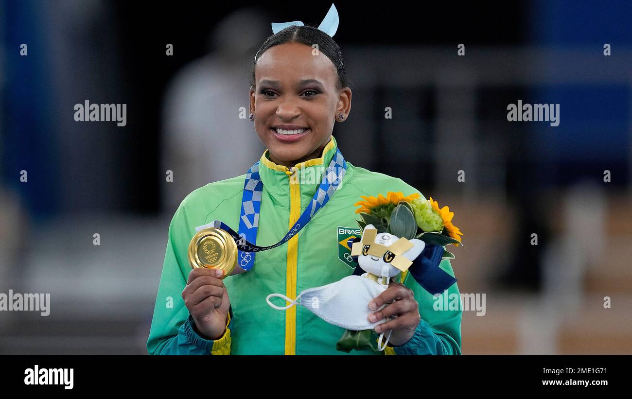 Rebeca Andrade of Brazil, poses after winning the gold medal for the ...