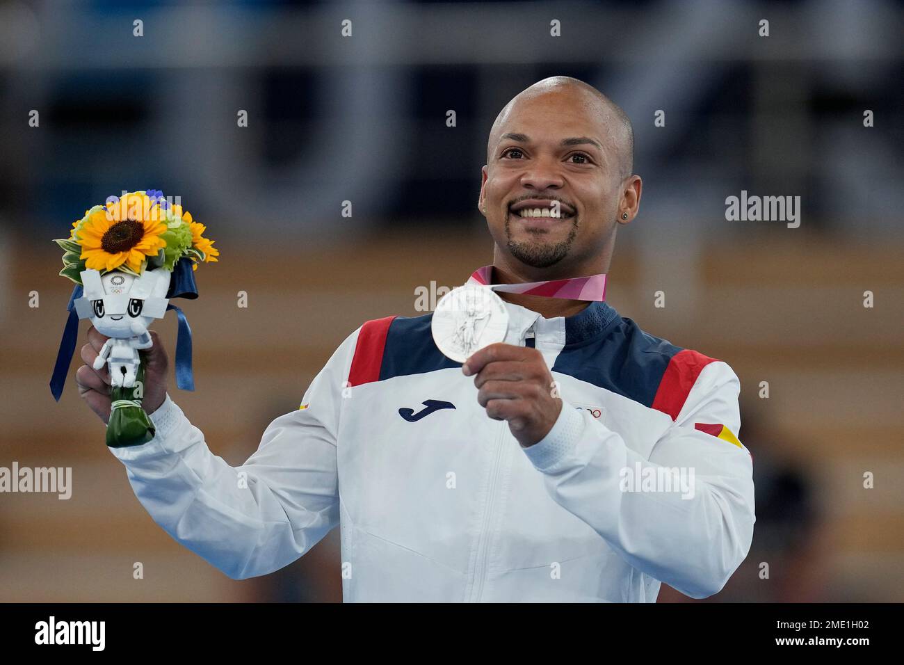 Rayderley Zapata of Spain, poses after winning the silver medal on the ...