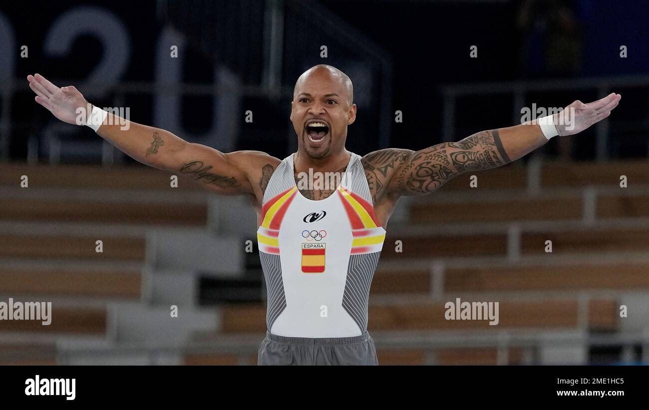 Rayderley Zapata of Spain, finishes his performance on the floor ...