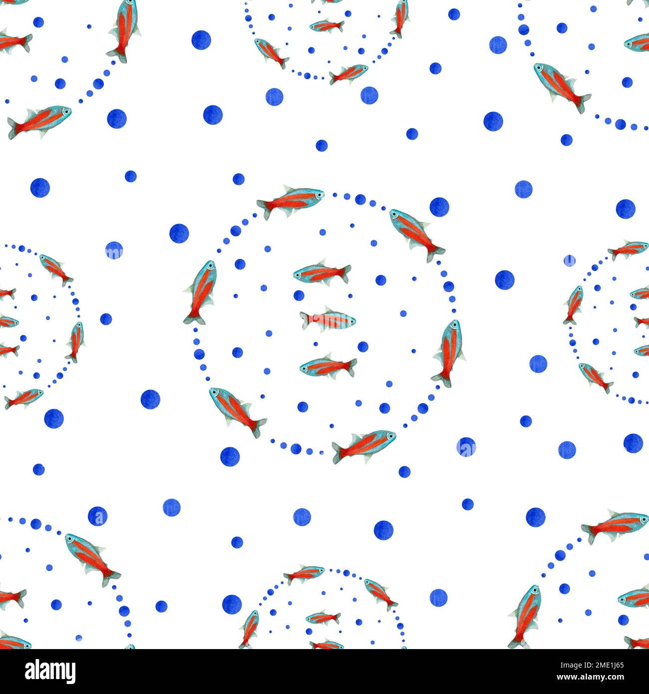 Watercolor underwater seamless pattern of neon tetra fishes on white ...