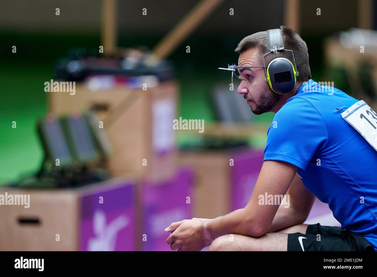 Peeter Olesk, of Estonia, pauses before competing in the men's 25-meter ...