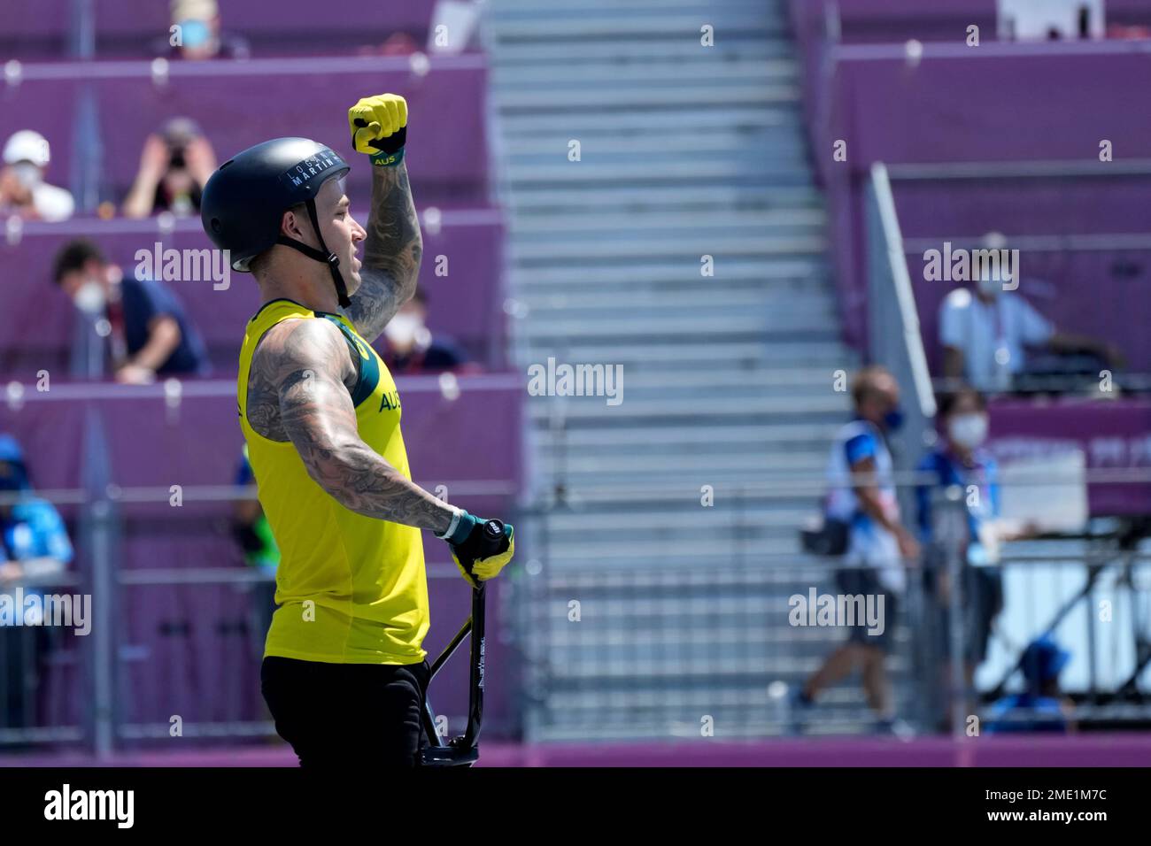 Logan Martin of Australia gestures after competing in the men's BMX ...