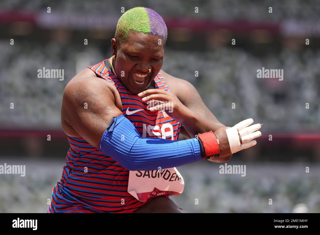 Raven Saunders, of United States, reacts after a throw in the final of ...