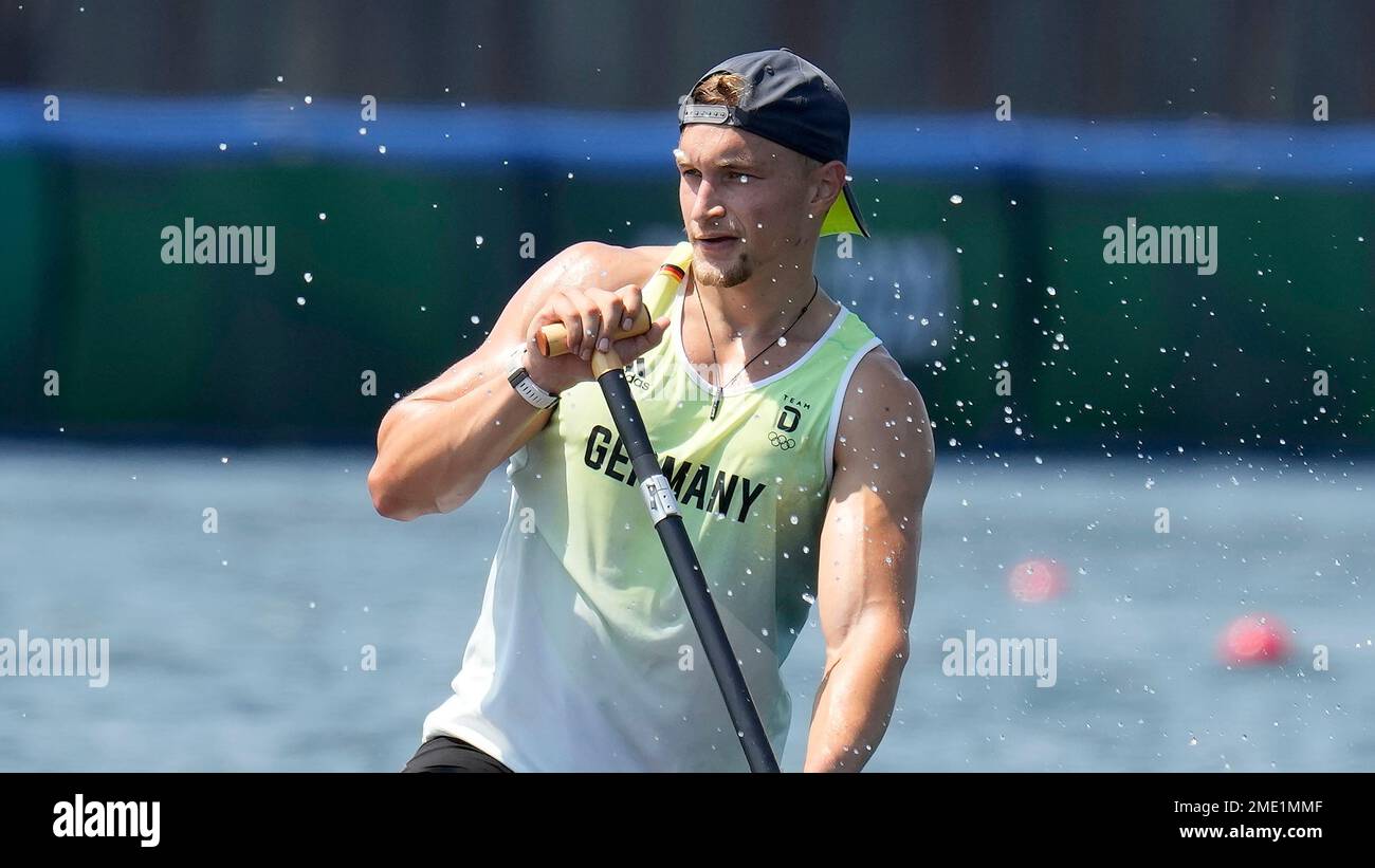 Conrad-Robin Scheibner of Germany trains for the Canoe Sprint at the 2020 Summer Olympics ...
