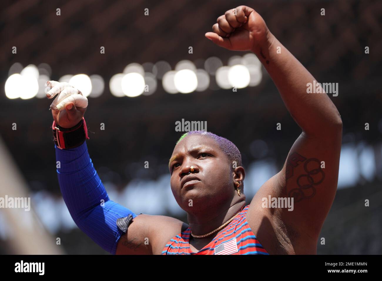Raven Saunders, of United States, reacts after a throw in the final of ...
