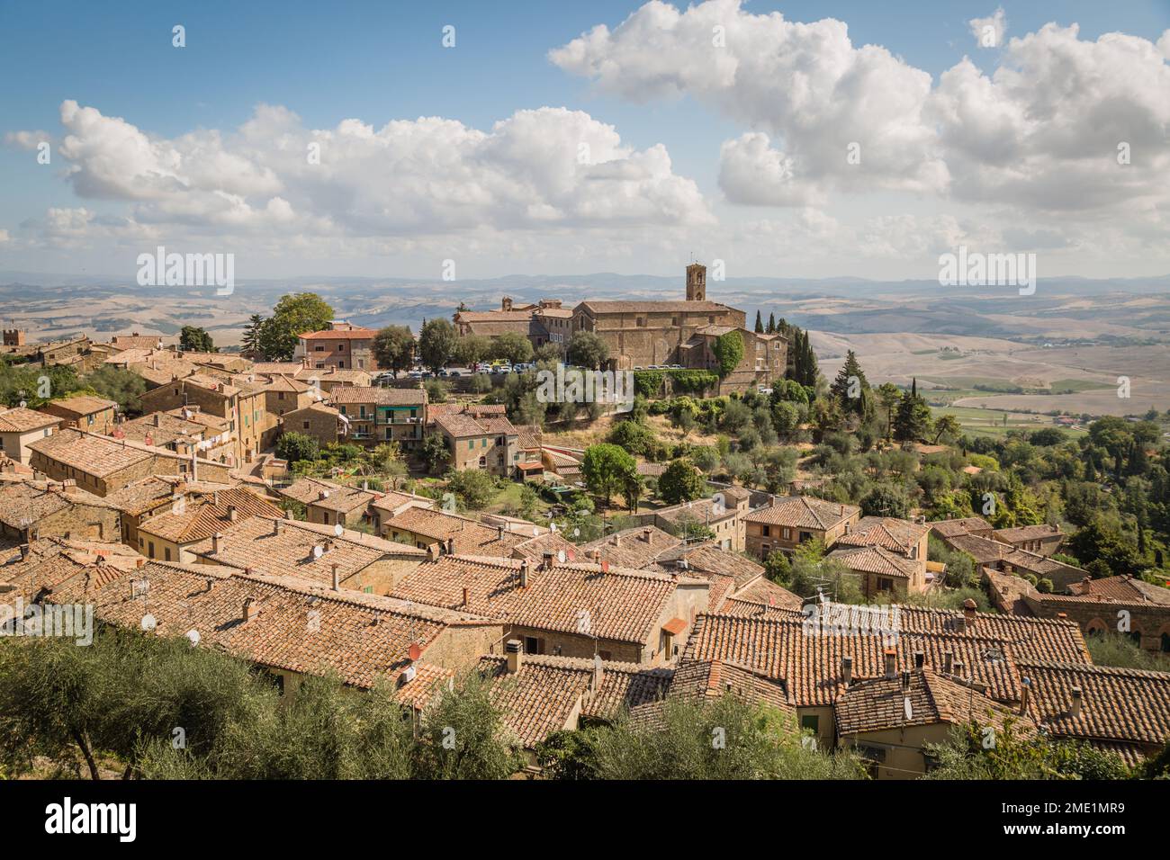 View of Italian-tiled rooftops in Montalcino, Tuscany, Italy Stock ...