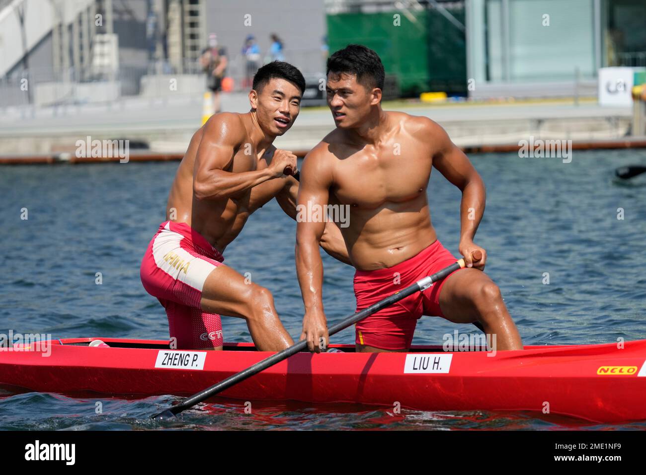 Liu Hao and Zheng Pengfei of China train during a canoe sprint training session at the 2020 ...