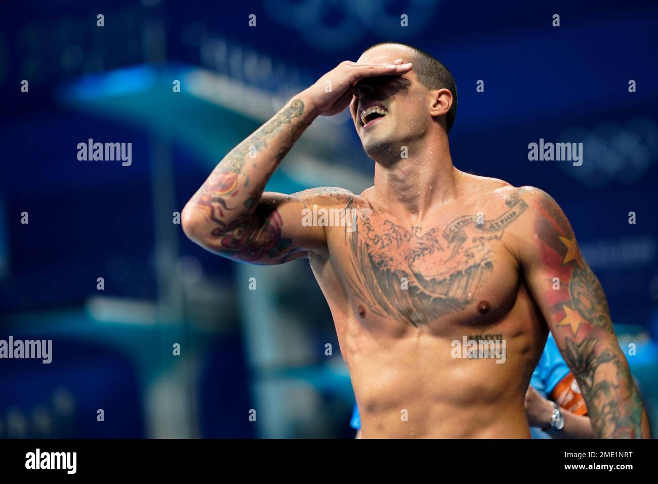 Bruno Fratus, of Brazil, leaves the pool after winning the bronze medal ...